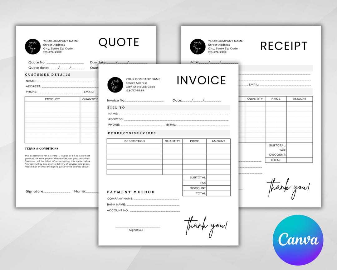 Editable Invoice Template. Quote Template. Receipt Template ...