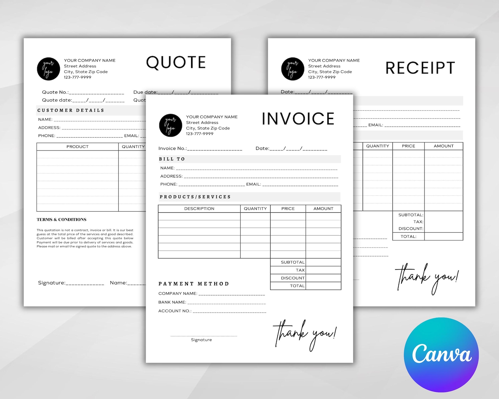 Editable Invoice Template. Quote Template. Receipt Template ...
