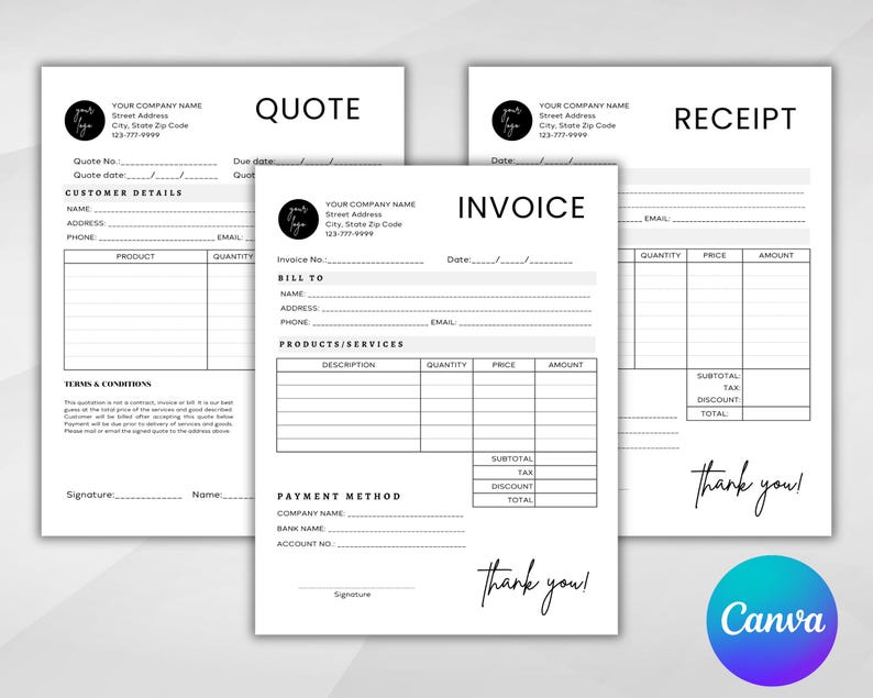 Editable Invoice Template. Quote Template. Receipt Template ...
