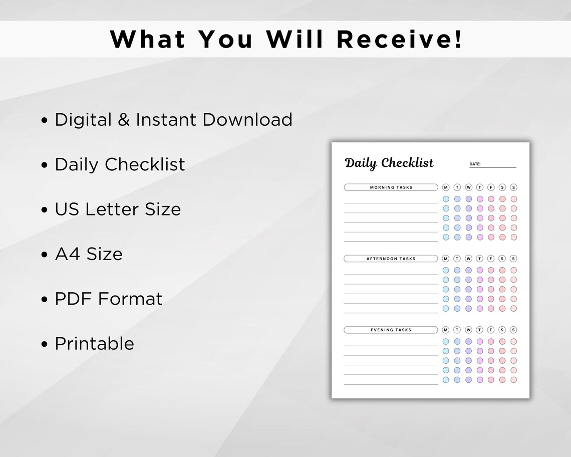 Daily Task Checklist Printable, to Do List Planner, Weekly Habit ...