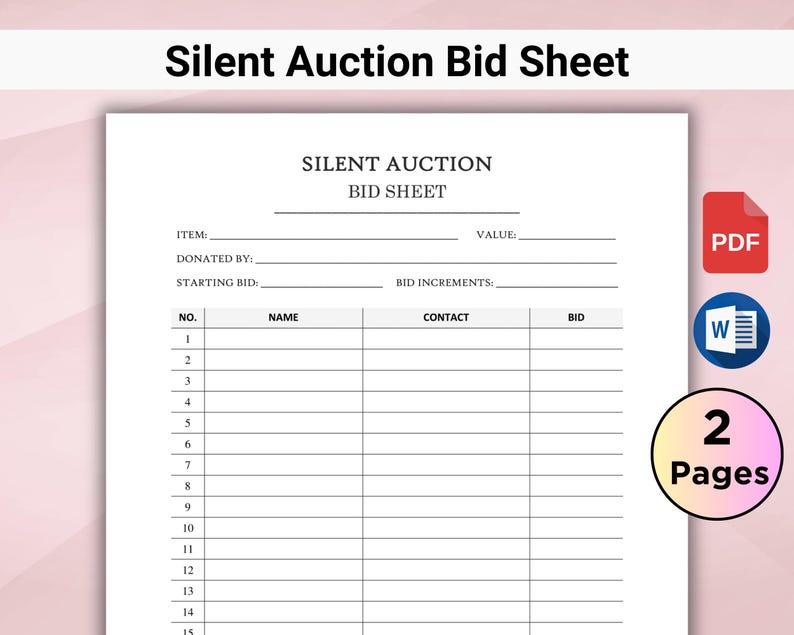 Editable Silent Auction Bid Sheet. Silent Auction Sign up Sheet. Fundraiser Sheet. Silent ...
