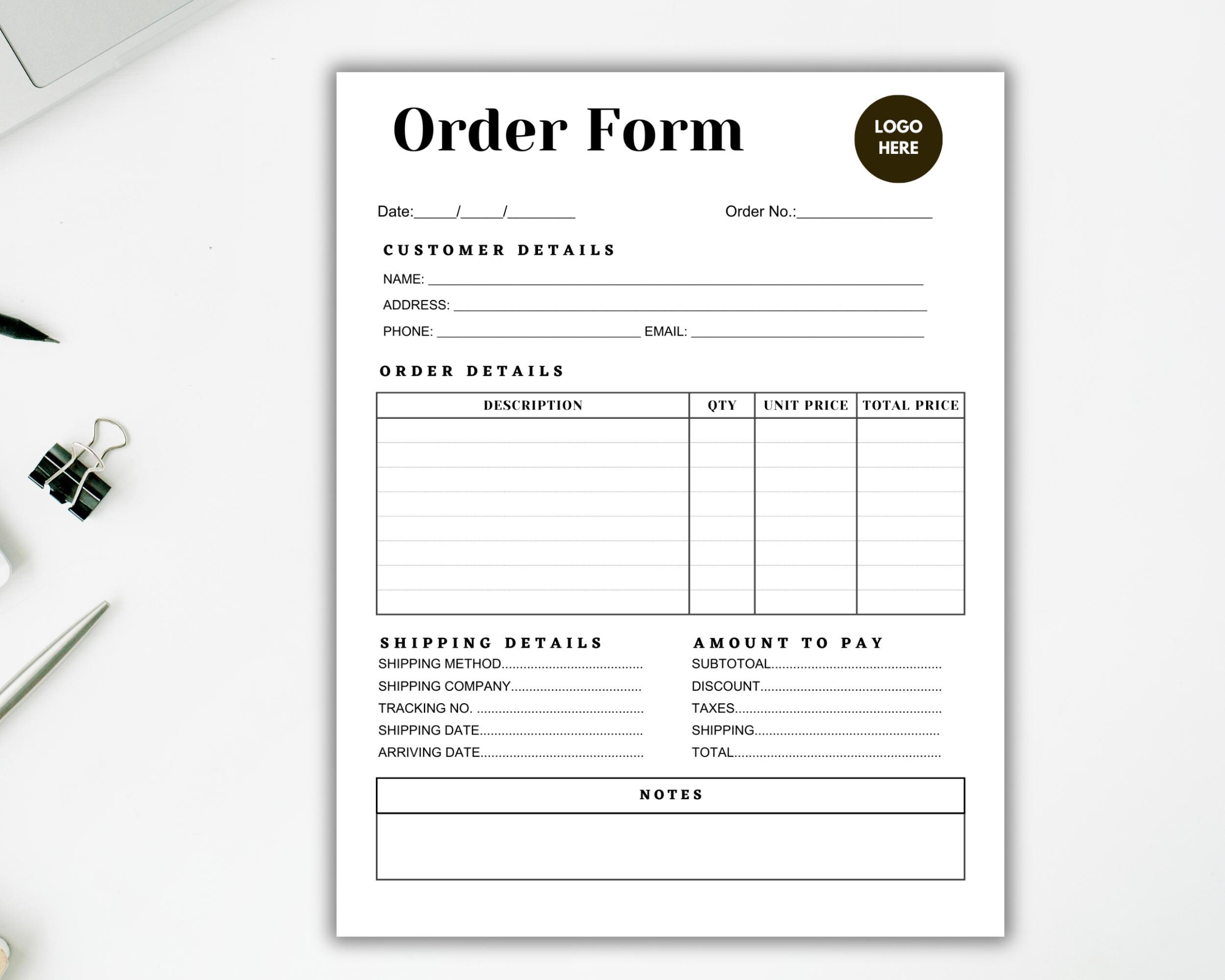 Editable Custom Order Form Template, Printable Order Sheet, Business ...