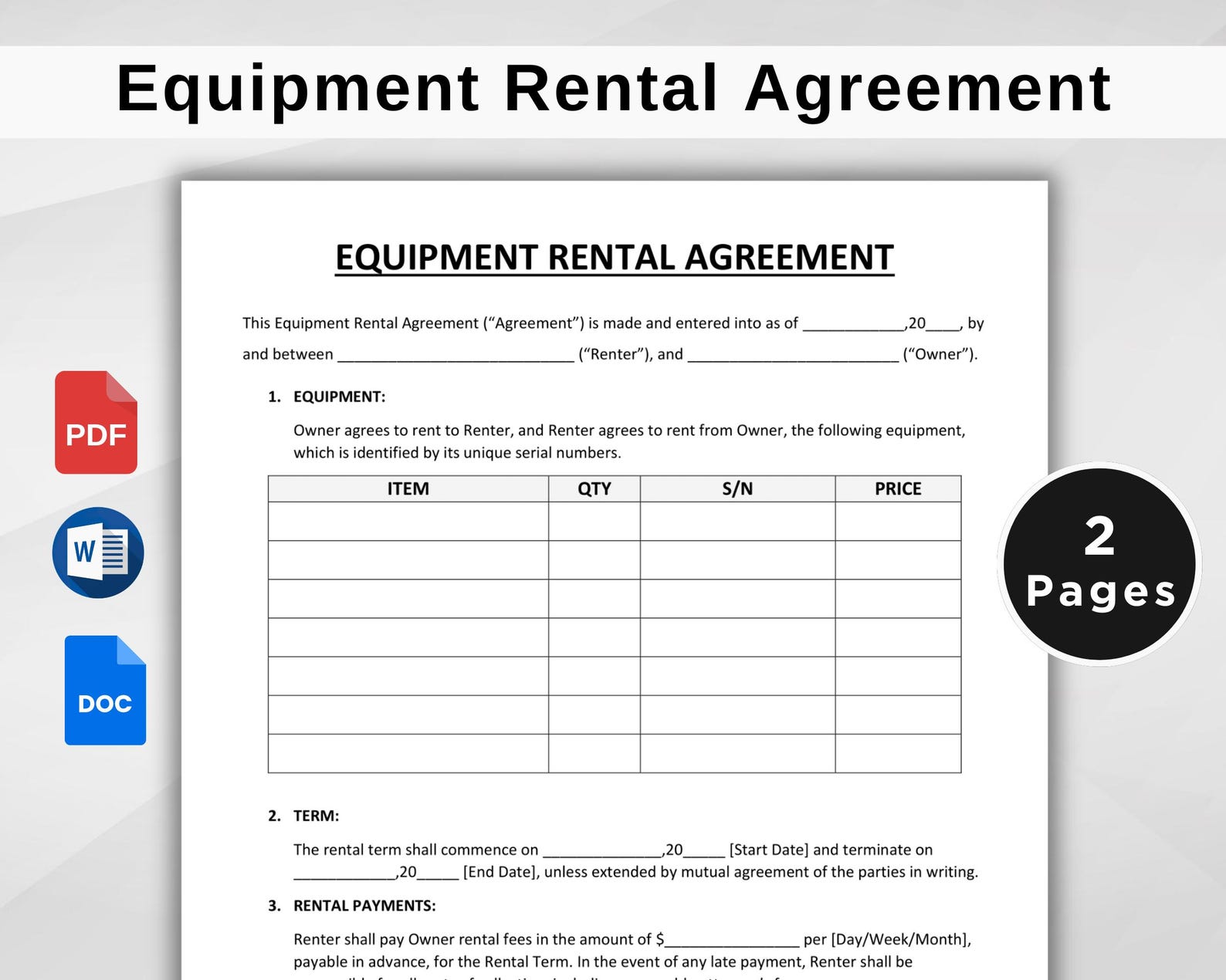 Equipment Rental Agreement Templates. Equipment Rental Contract Form ...