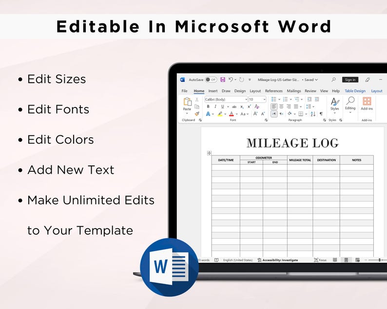 Vehicle Mileage Log Editable. Printable Business Mileage Tracker. Miles ...