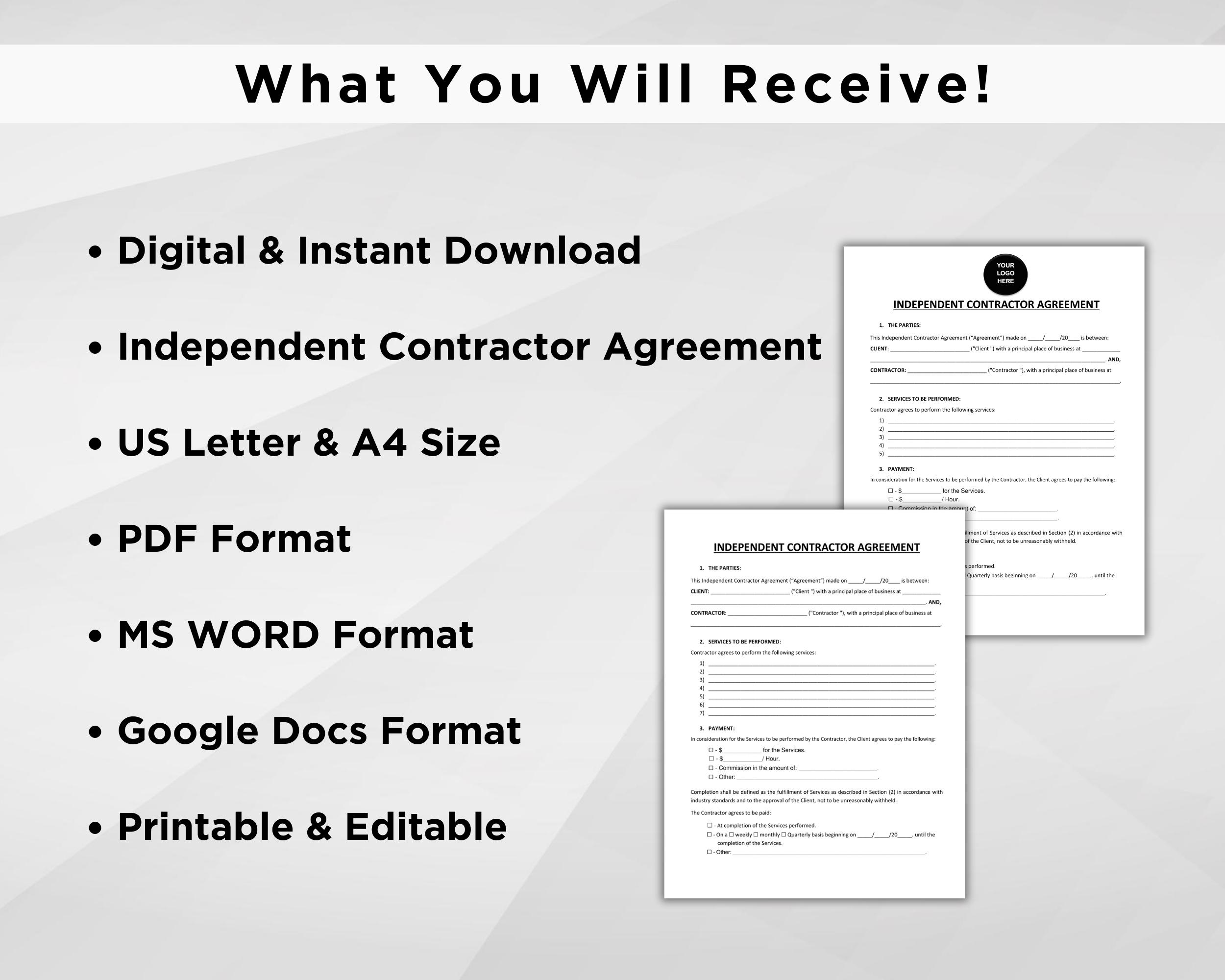 Independent Contractor Agreement Template Printable. Editable ...
