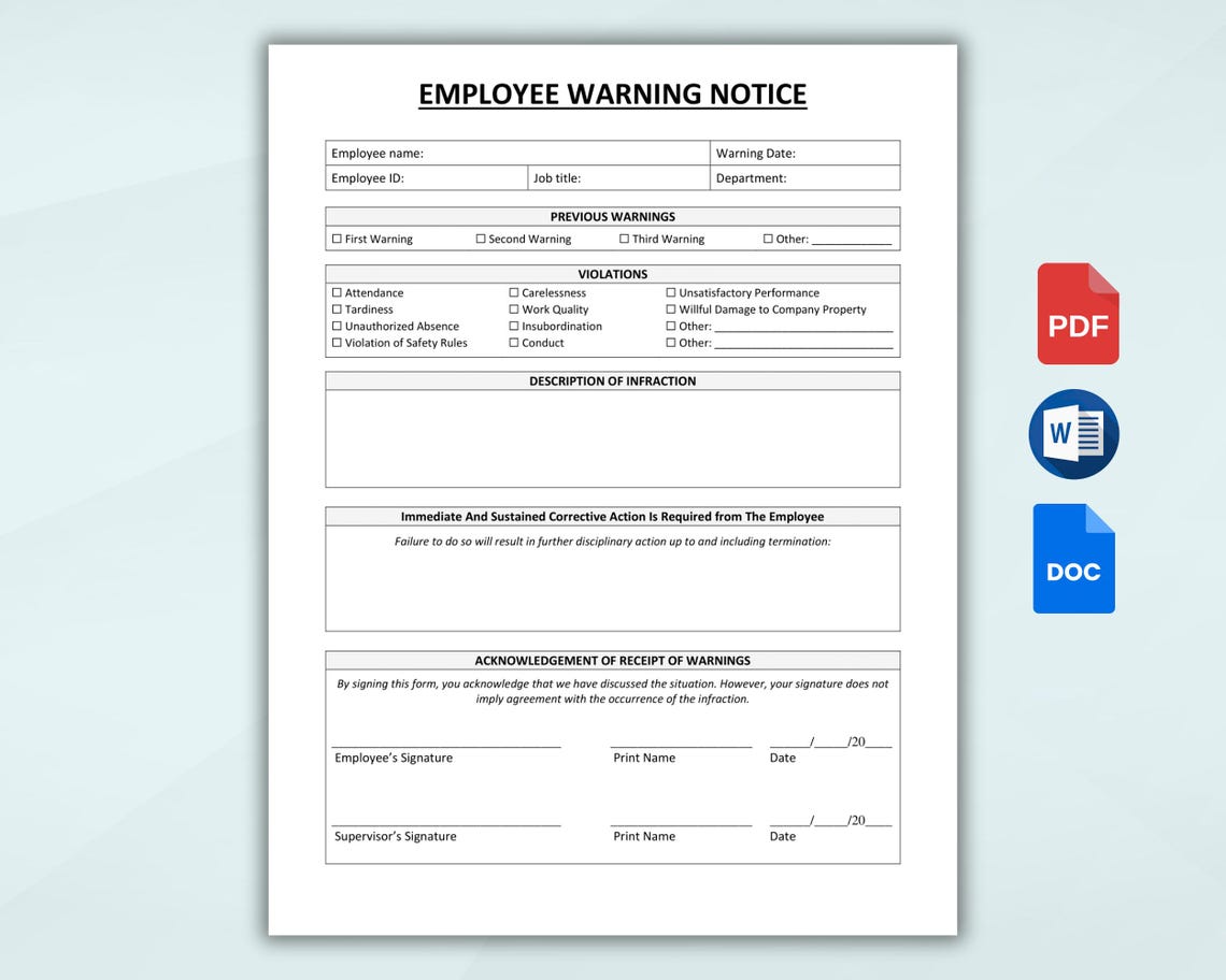 Employee Warning Notice Template Printable. Employee Discipline Form ...