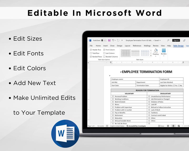 Employee Termination Form Editable | Printable HR Template | Printable ...