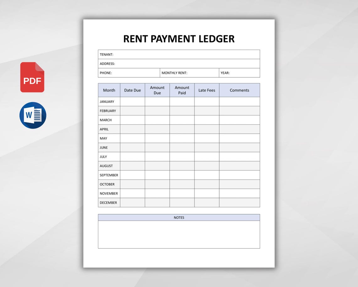Editable Rent Payment Ledger Template. Printable Rental Payment Tracker ...