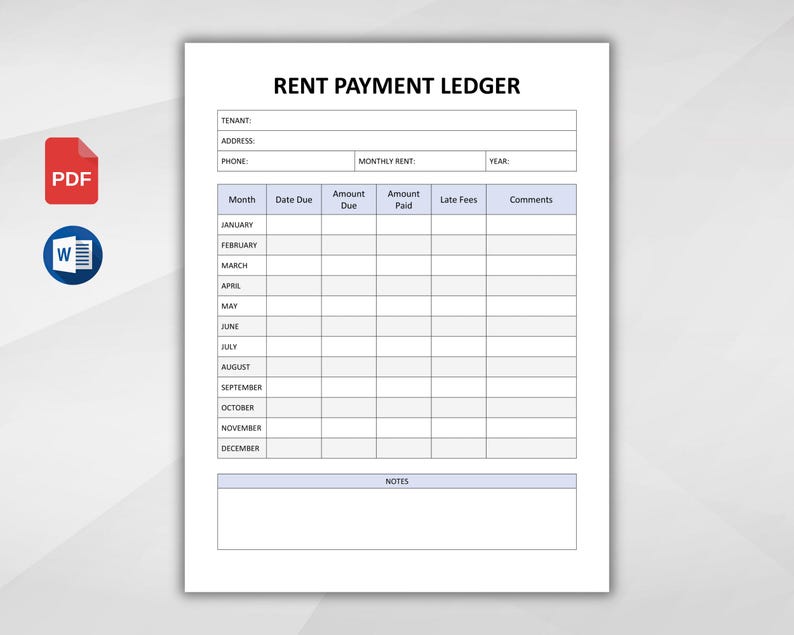 Editable Rent Payment Ledger Template. Printable Rental Payment Tracker ...