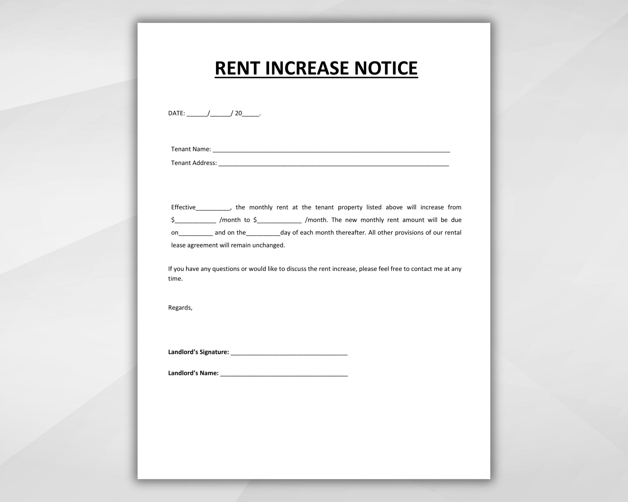 Printable Rental Increase Notice. Rental Increase Form. Rental Increase ...