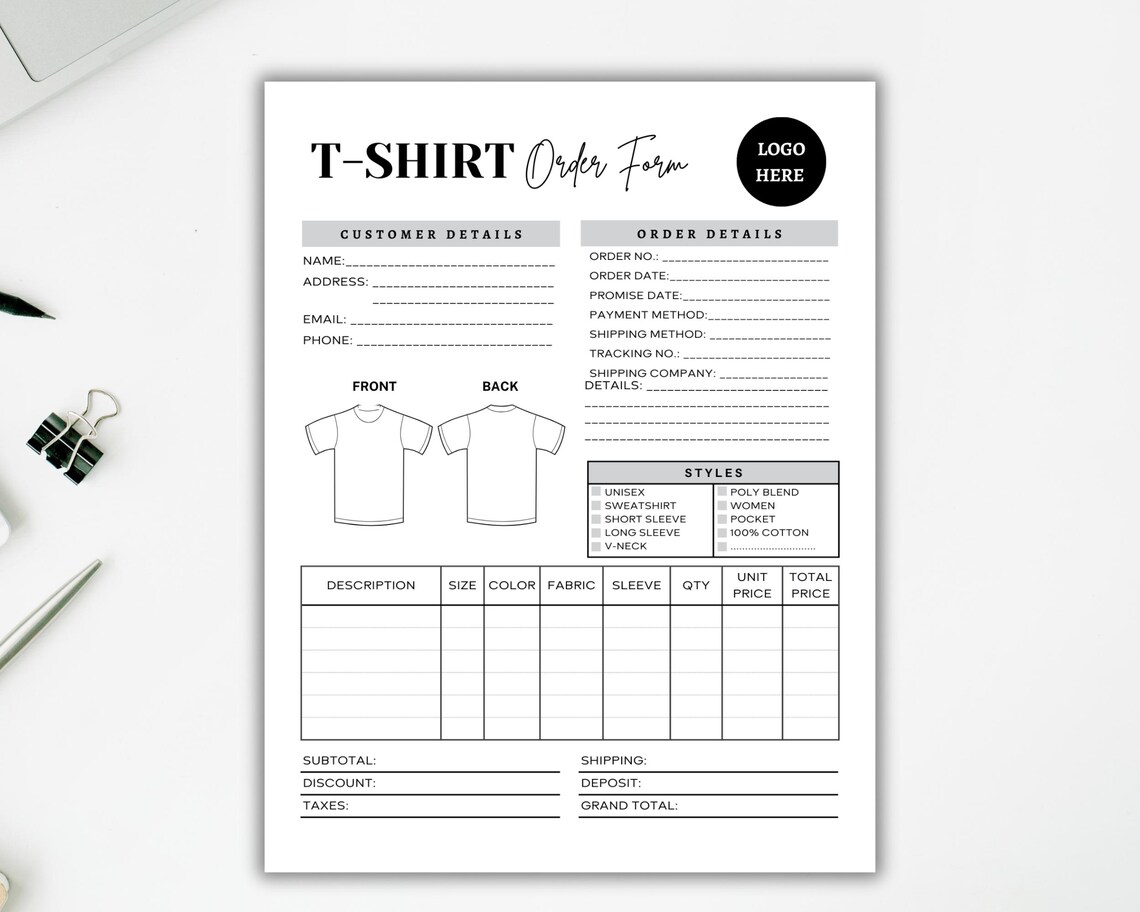 Editable T-shirt Order Form Template. Printable Small Business Order ...