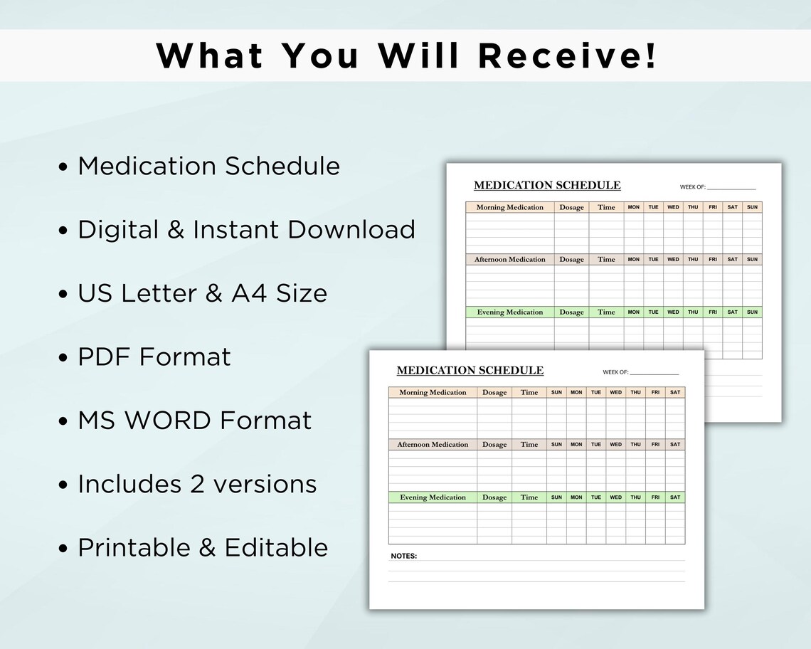 Printable Medication Schedule. Weekly Medication Tracker. Medication List. Pill Tracker ...