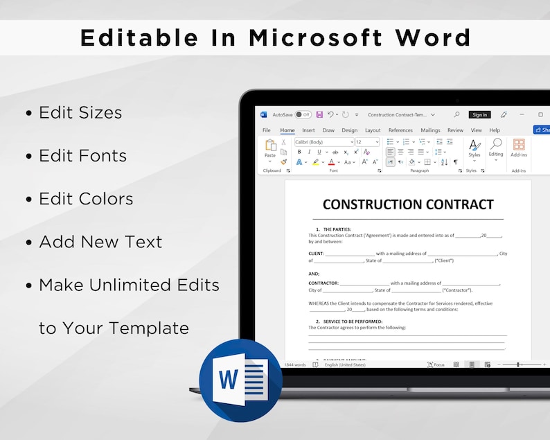 Construction Contract Form, Editable Construction Agreement Template ...