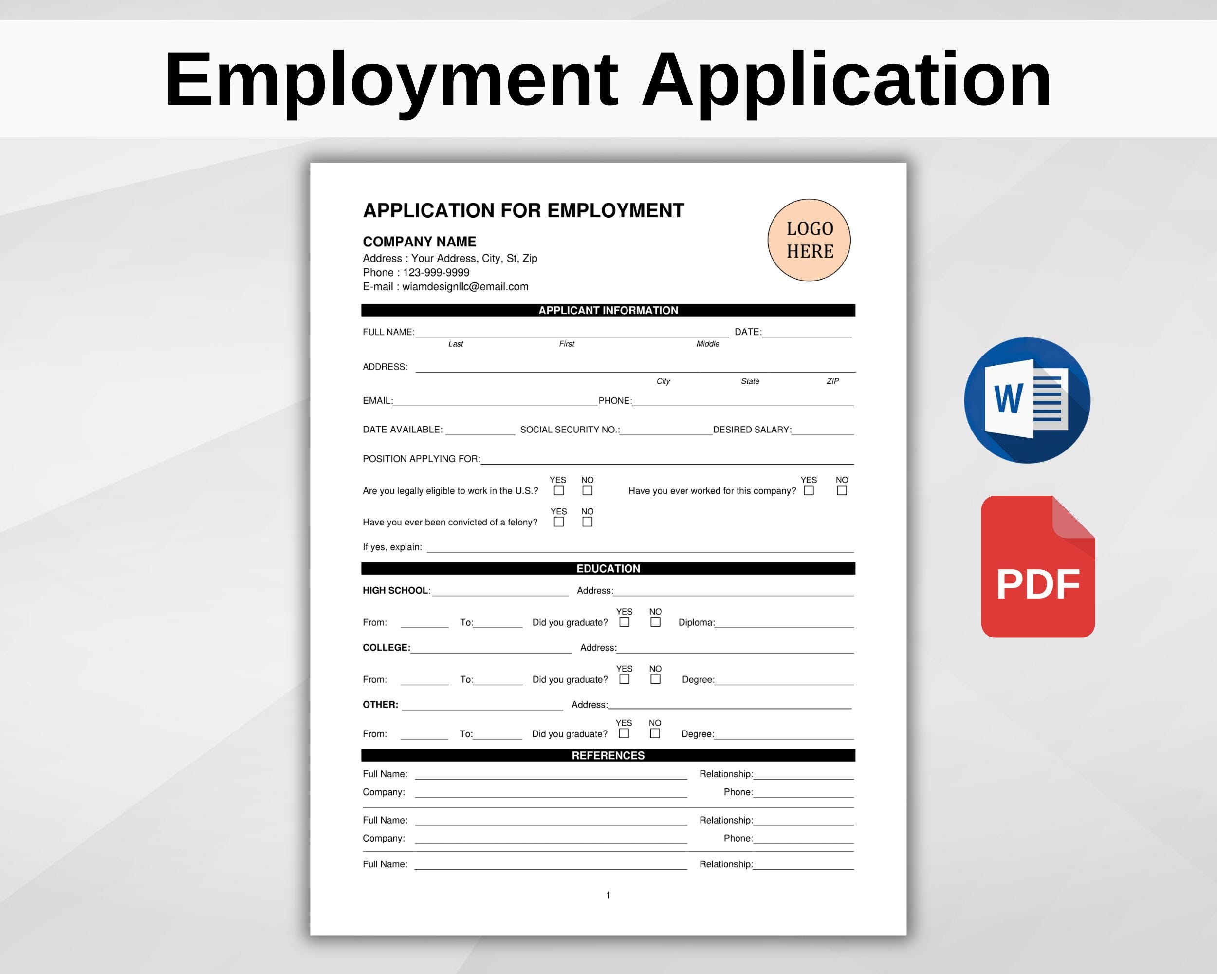 Employment Application Template. Printable HR Template. New Employee ...