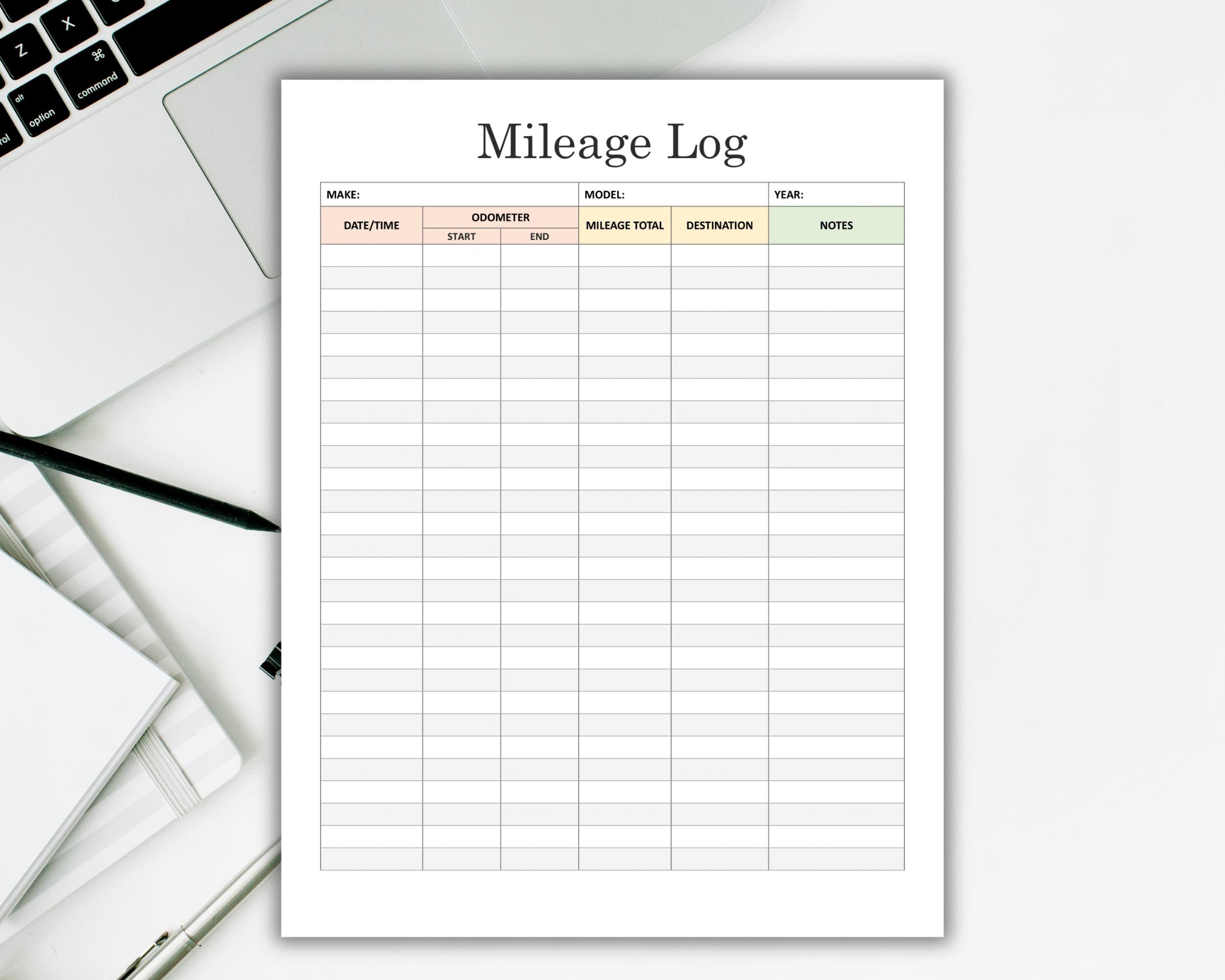 Mileage Log Printable PDF. Vehicle Miles Travelled Tracker. Mileage ...