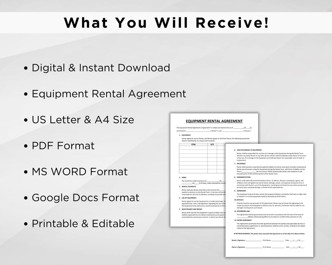Equipment Rental Agreement Templates. Equipment Rental Contract Form ...
