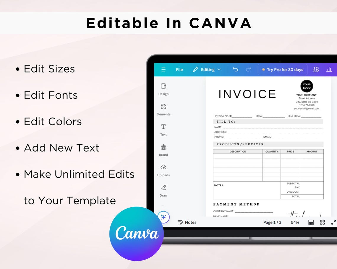 Editable Invoice Template. Professional Business Invoice. Customizable ...