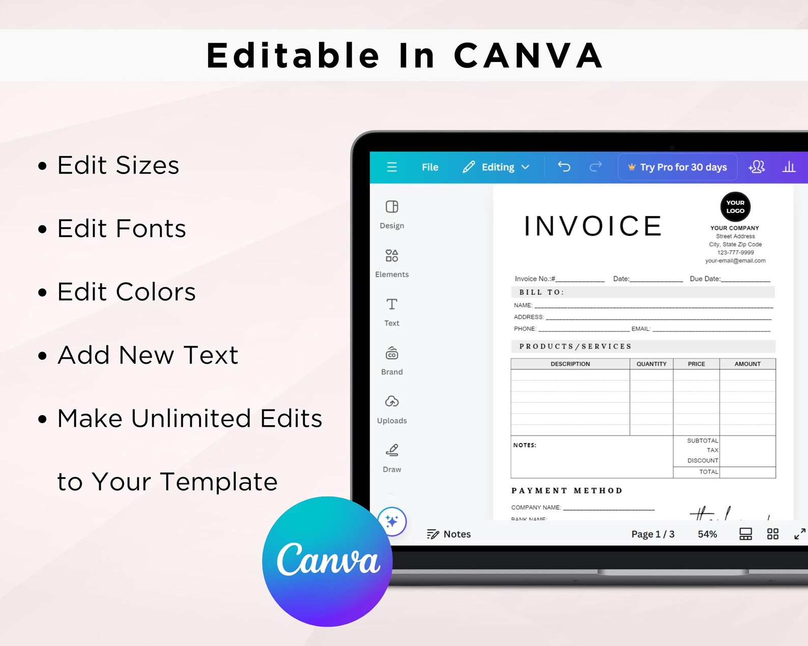 Editable Invoice Template. Professional Business Invoice. Customizable ...