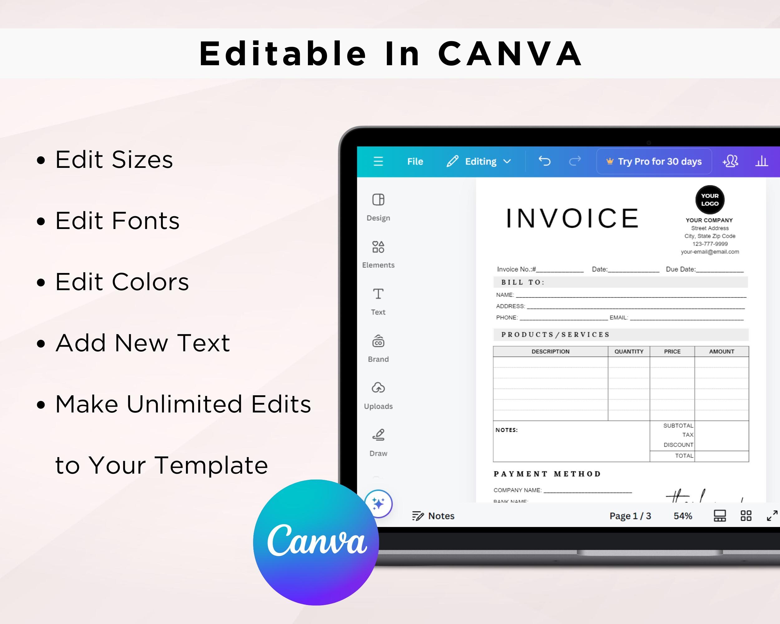 Editable Professional Invoice Template Canva | Custom Business Billing ...