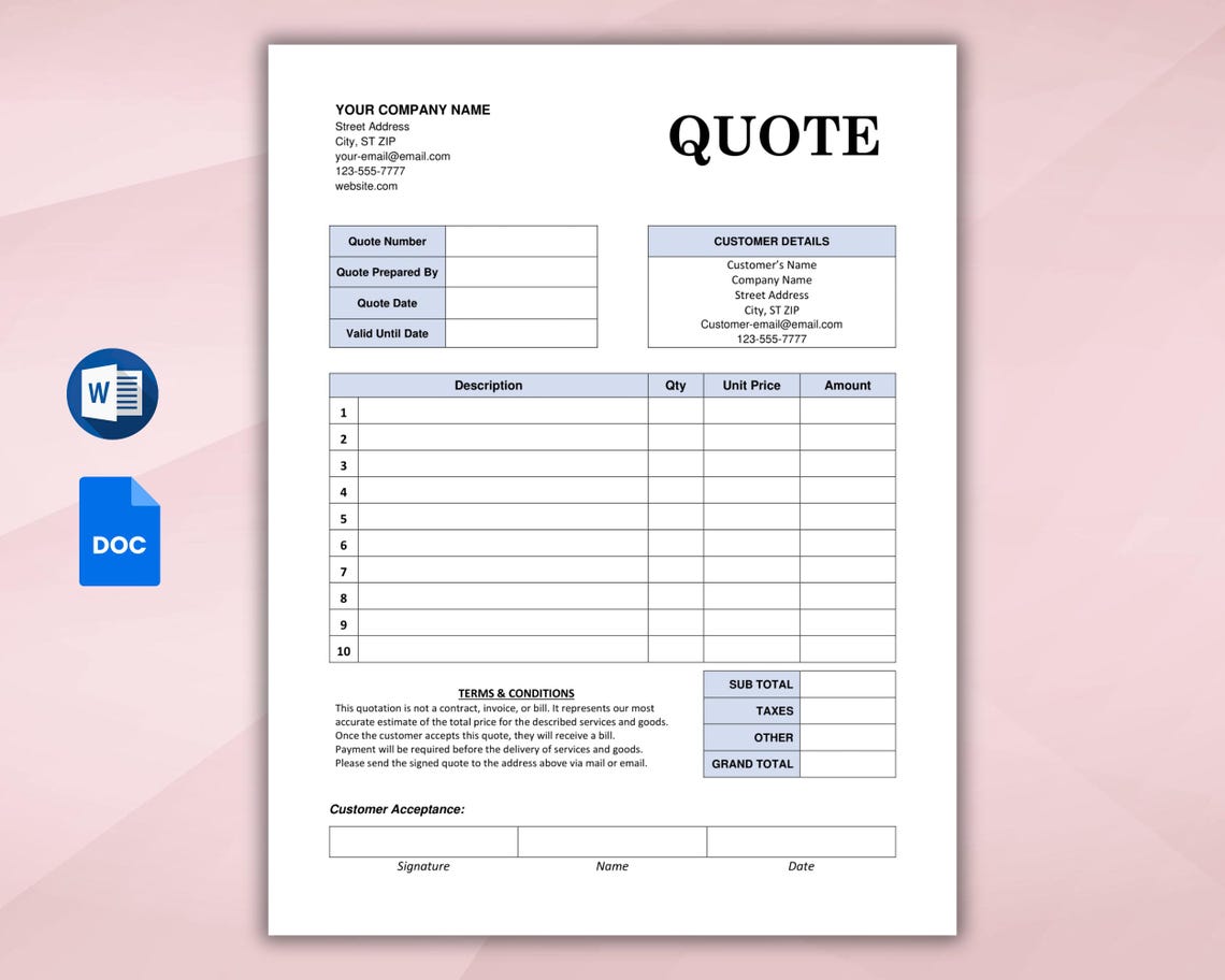 Editable Quote Template. Quote Form. Job Proposal. Job Quote for Small ...