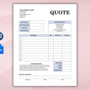 Editable Quote Template. Quote Form. Job Proposal. Job Quote for Small ...