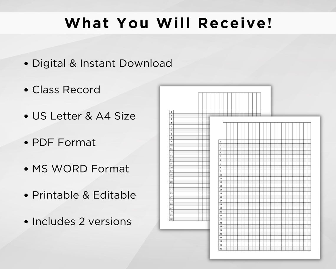 EDITABLE Class Record Printable Class Attendance Sheet Grade Log Class ...
