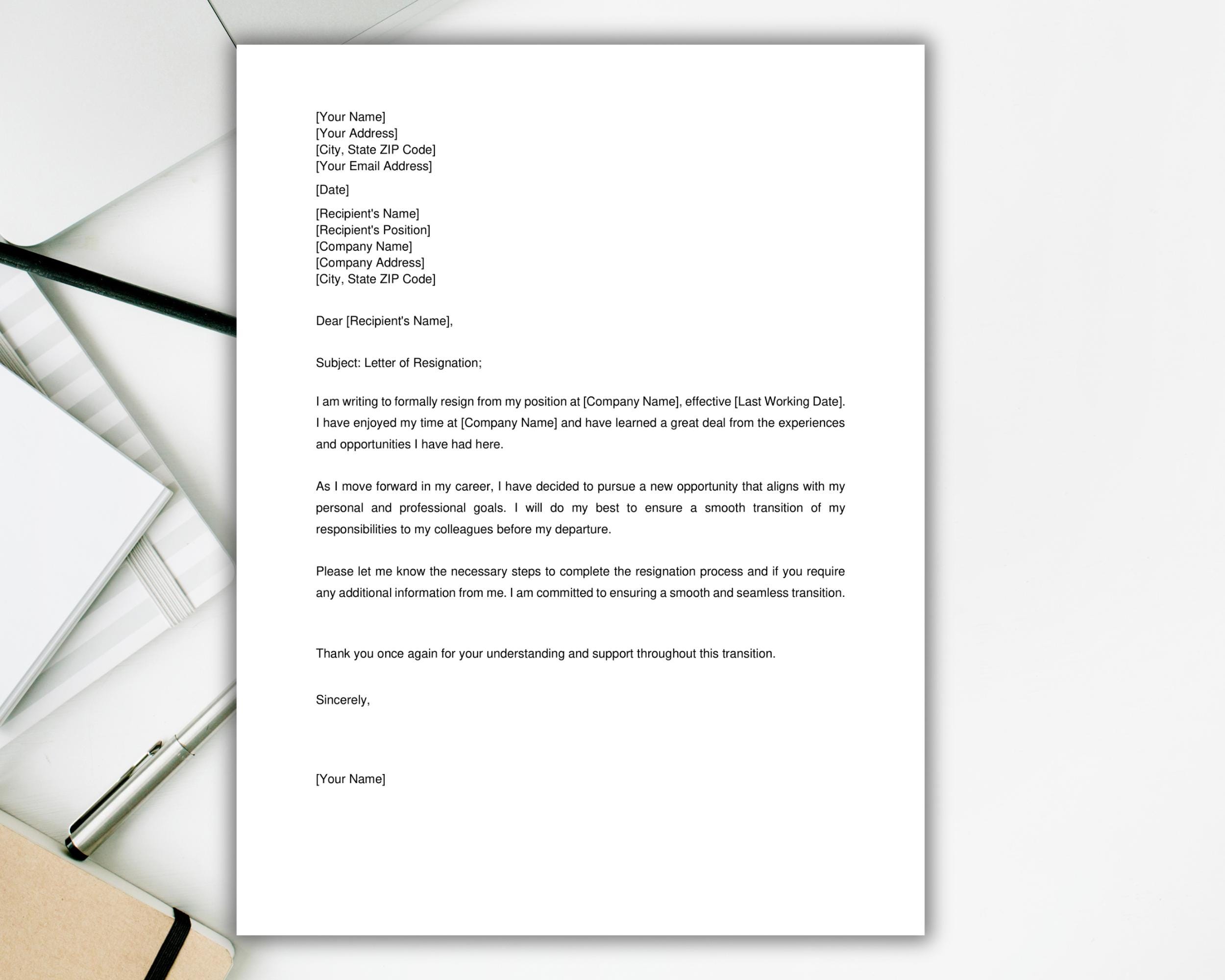 Professional Resignation Letter Template. Letter of Resignation ...