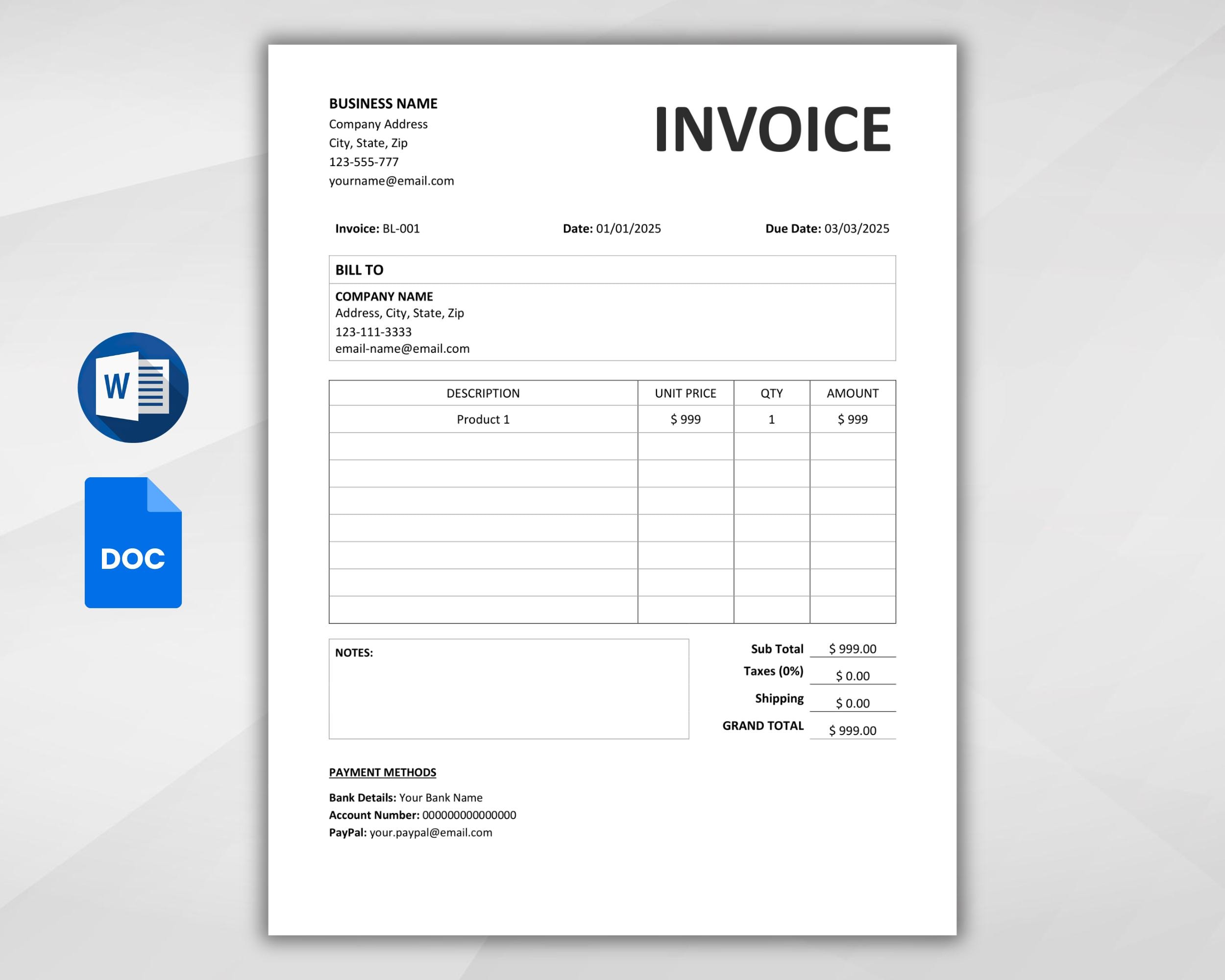 Printable Invoice Template. Business Invoice. Services Invoice. Billing ...