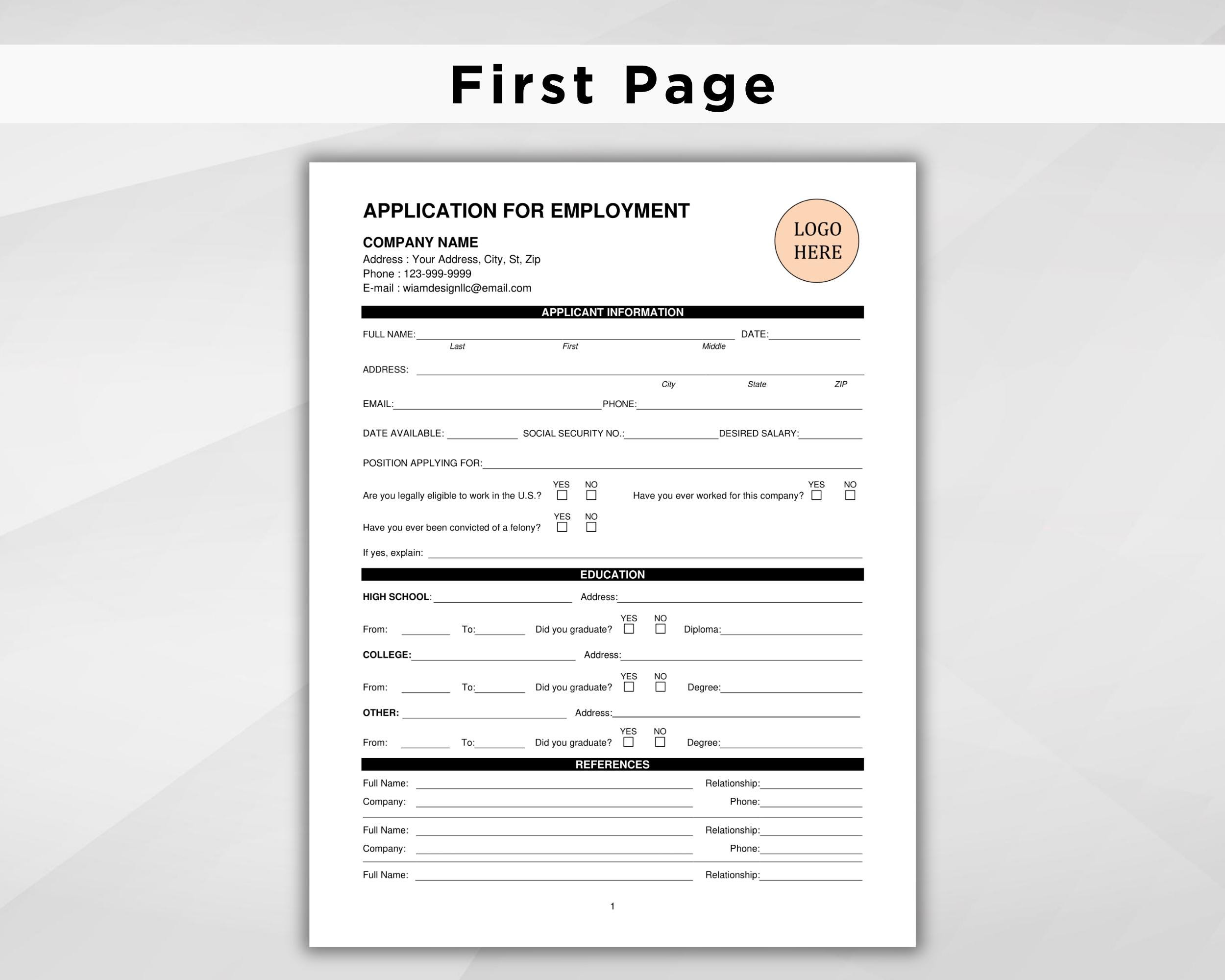 Employment Application Template. Printable HR Template. New Employee ...