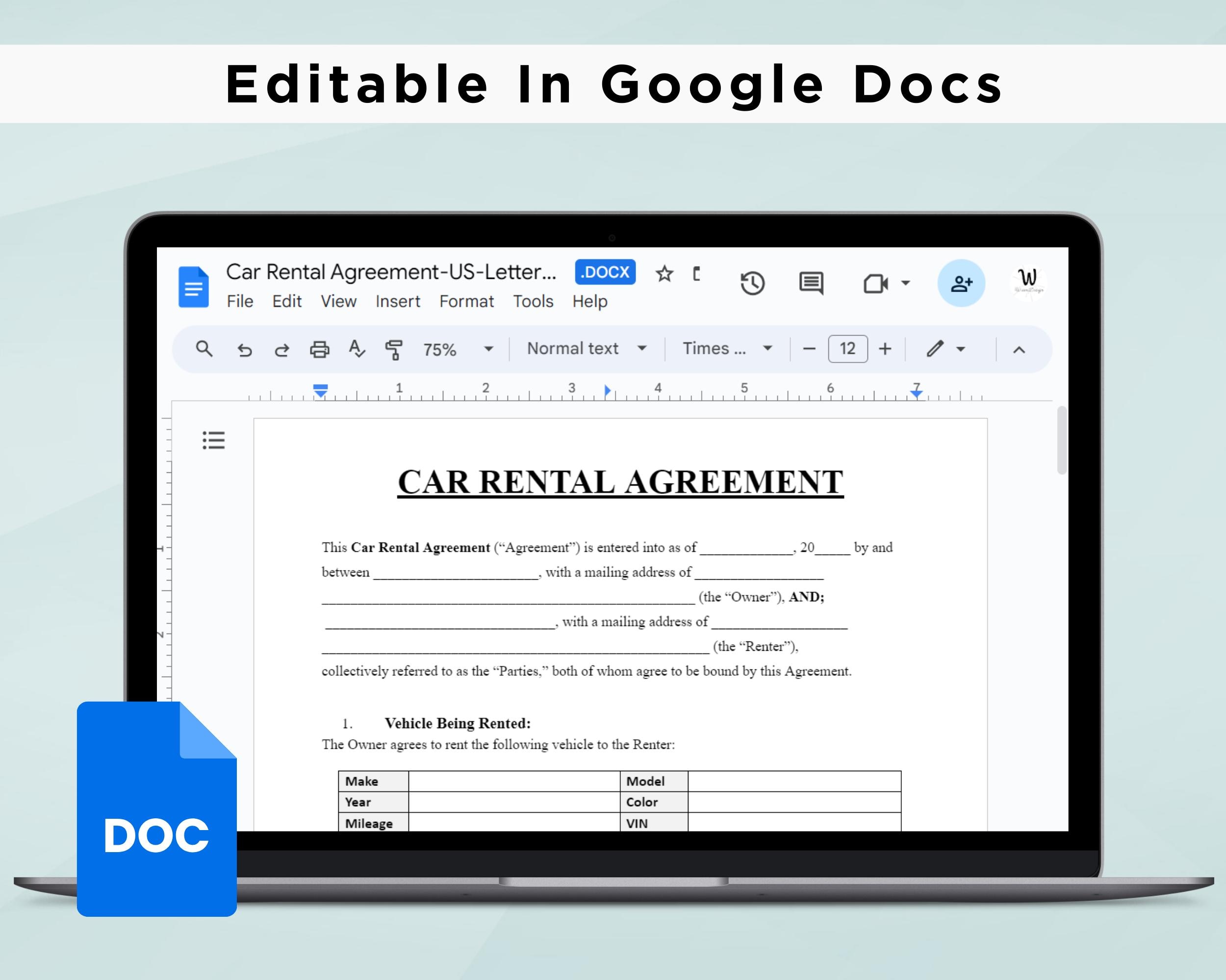 Car Rental Agreement Templates. Car Rental Contract. Printable Vehicle ...