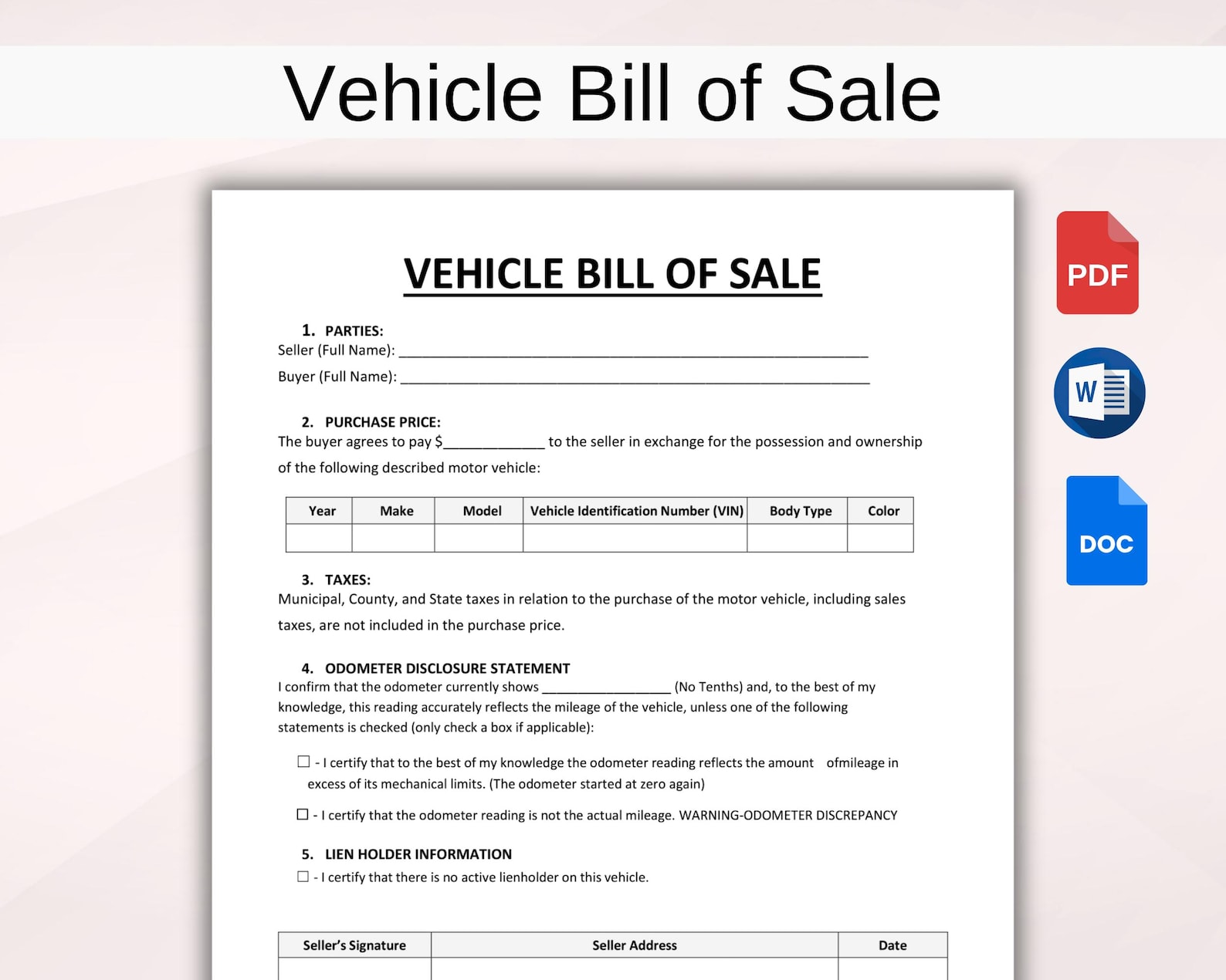 Vehicle Bill of Sale Template. Printable Car Sale Form. Bill of Sale ...