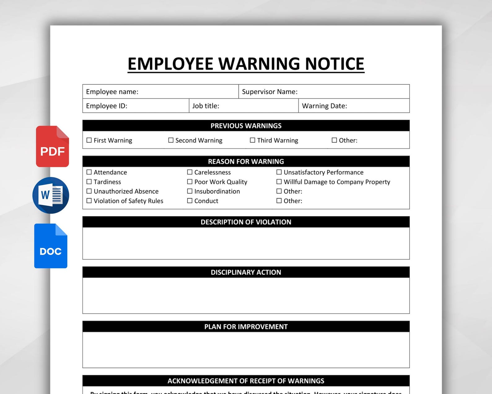 Editable Employee Warning Notice Template. Employee Discipline Form ...