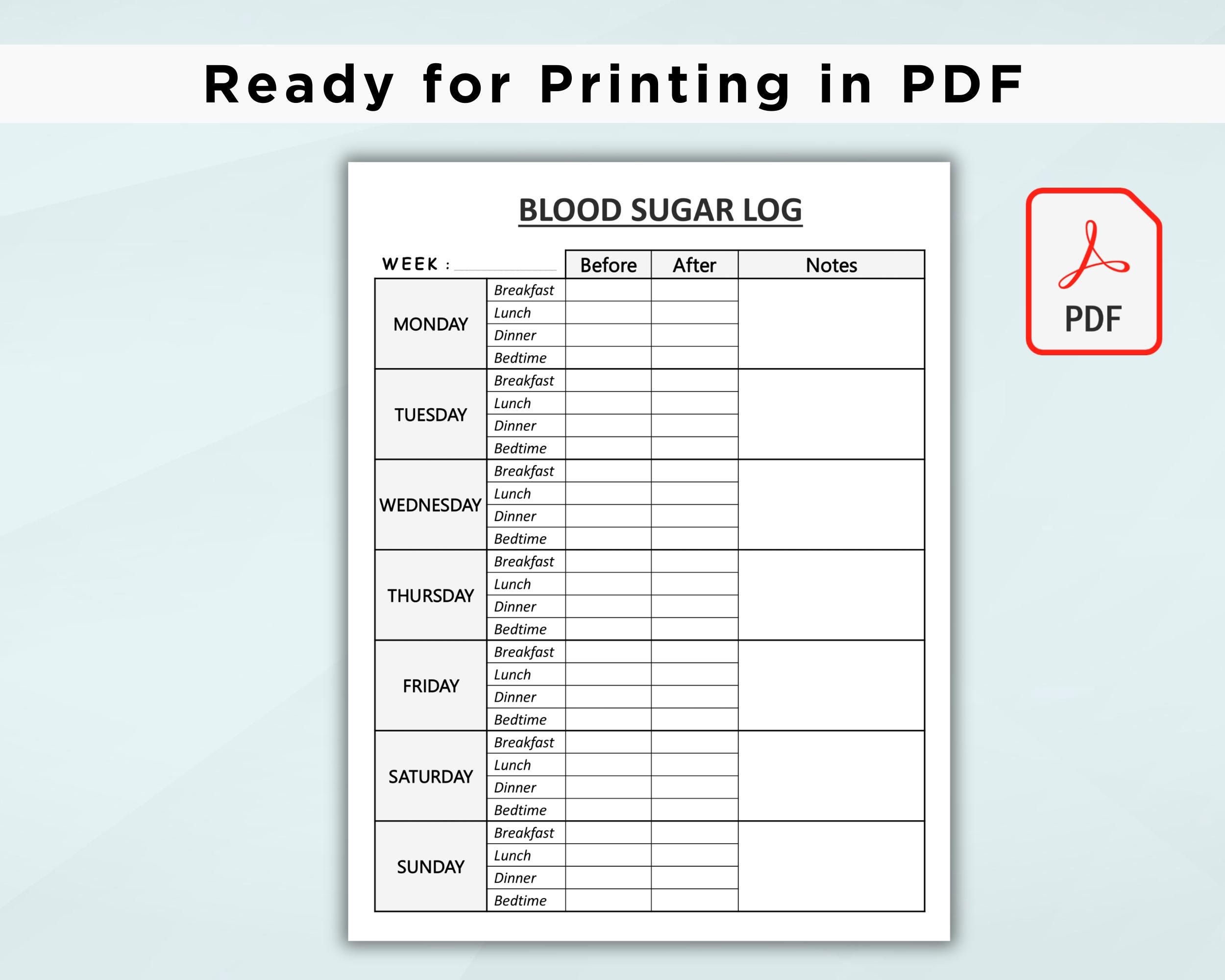 Printable Blood Sugar Log, Daily Blood Glucose Tracker, Diabetic ...