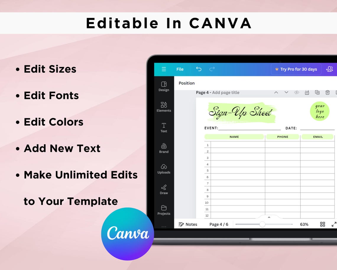 Editable Sign up Sheet Template. Printable Sign up Template. Sign up ...