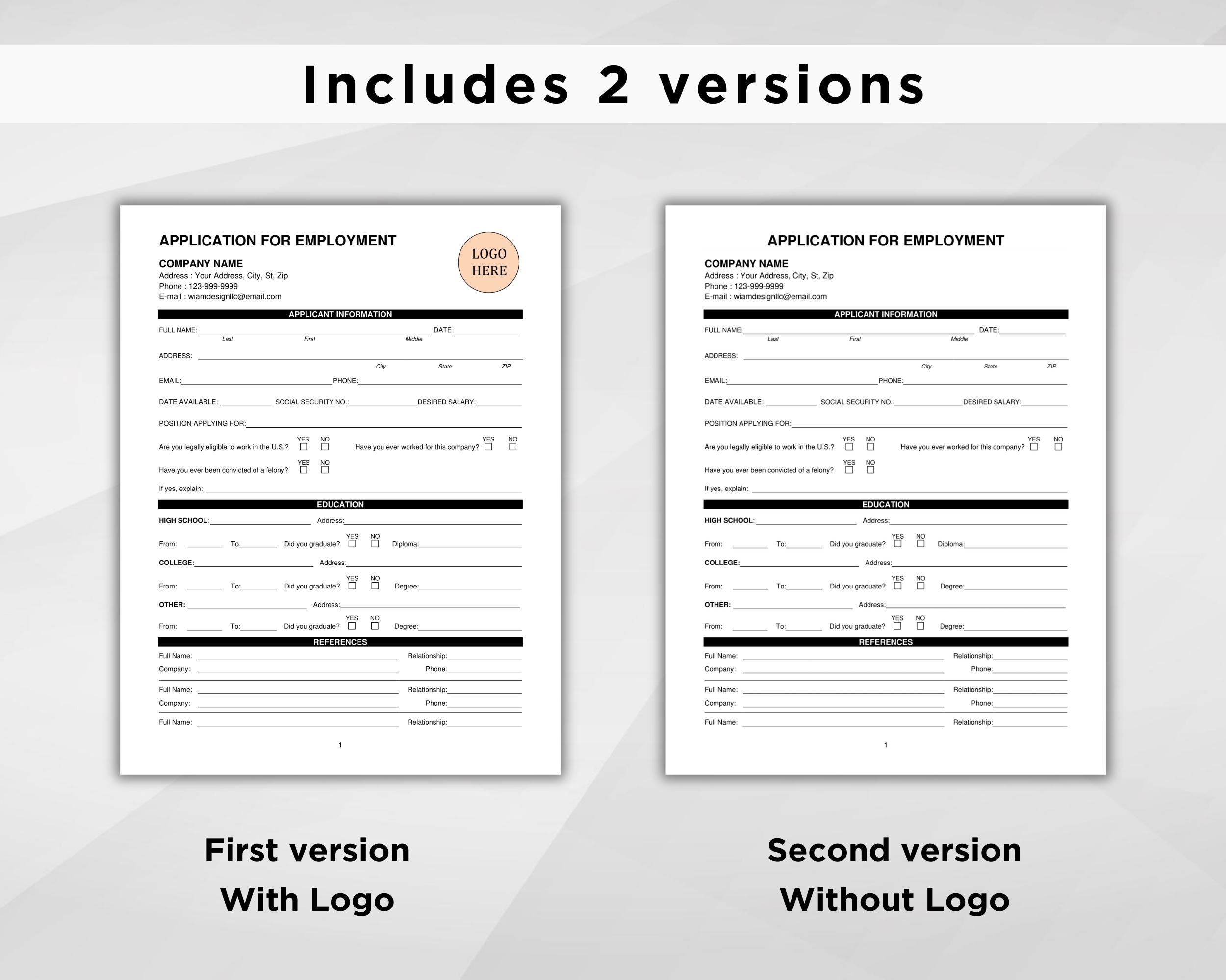 Employment Application Template. Printable HR Template. New Employee ...
