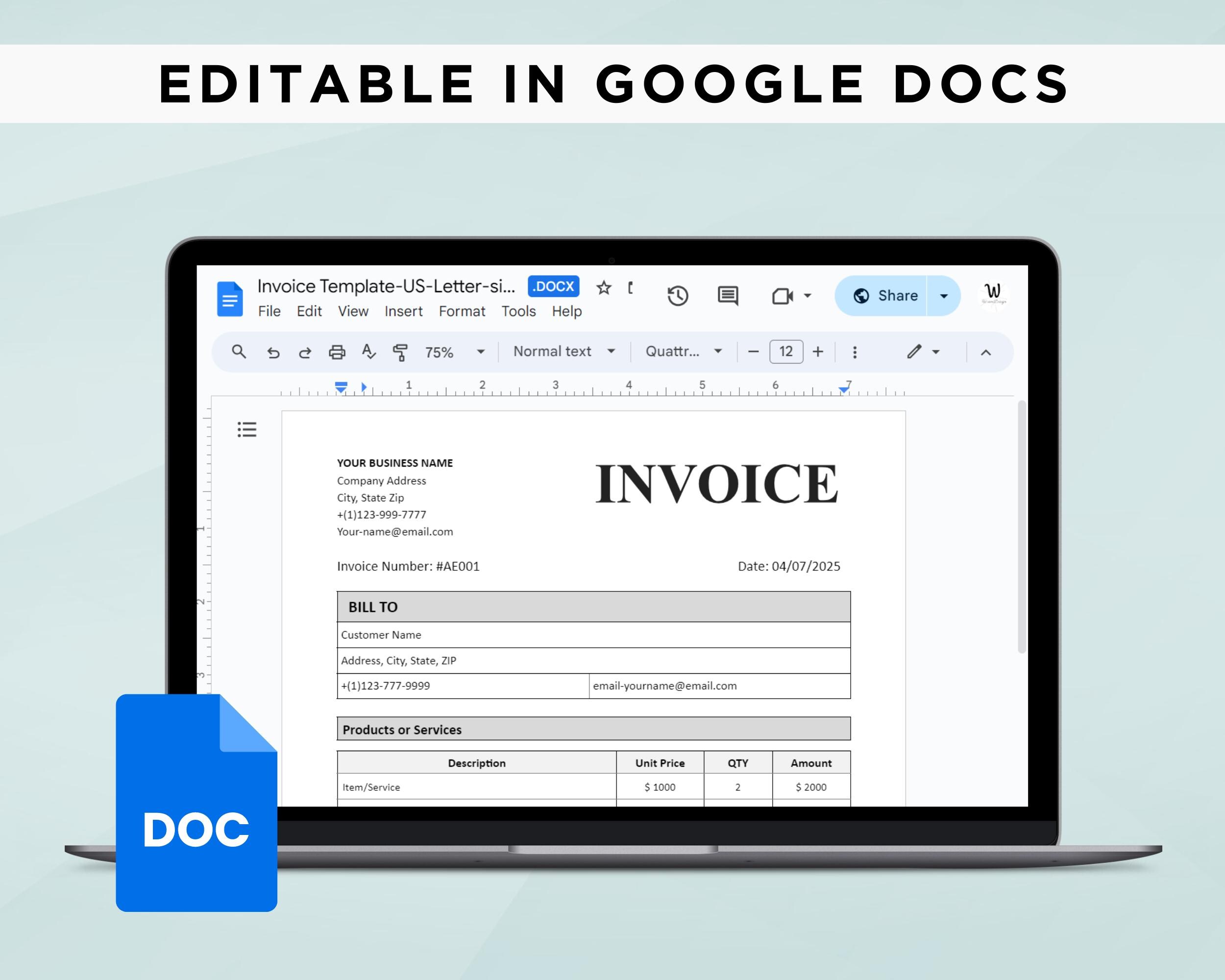 Invoice Template. Custom Invoice. Printable Invoice Form. Customizable ...
