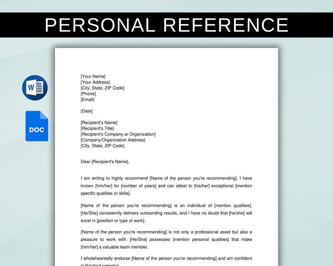 Printable Personal Reference Letter Template. Letter of Recommendation ...