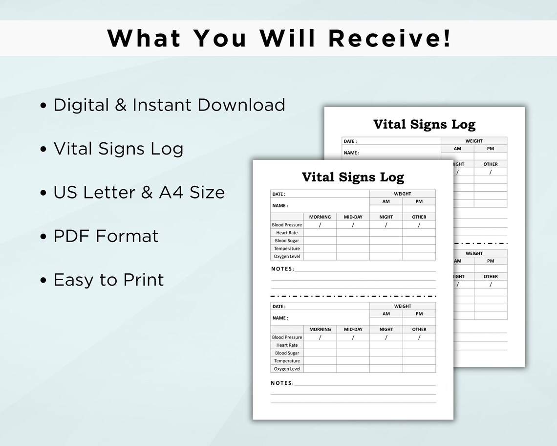 Vital Signs Log. Daily Vital Signs Tracker for Nurse. Vital Sign Sheet. Vital Signs Template ...