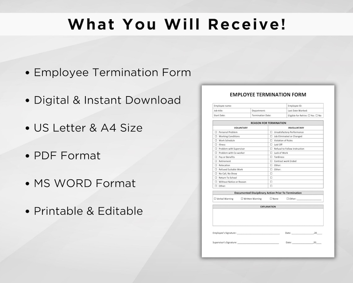Employee Termination Form Editable | Printable HR Template | Printable ...