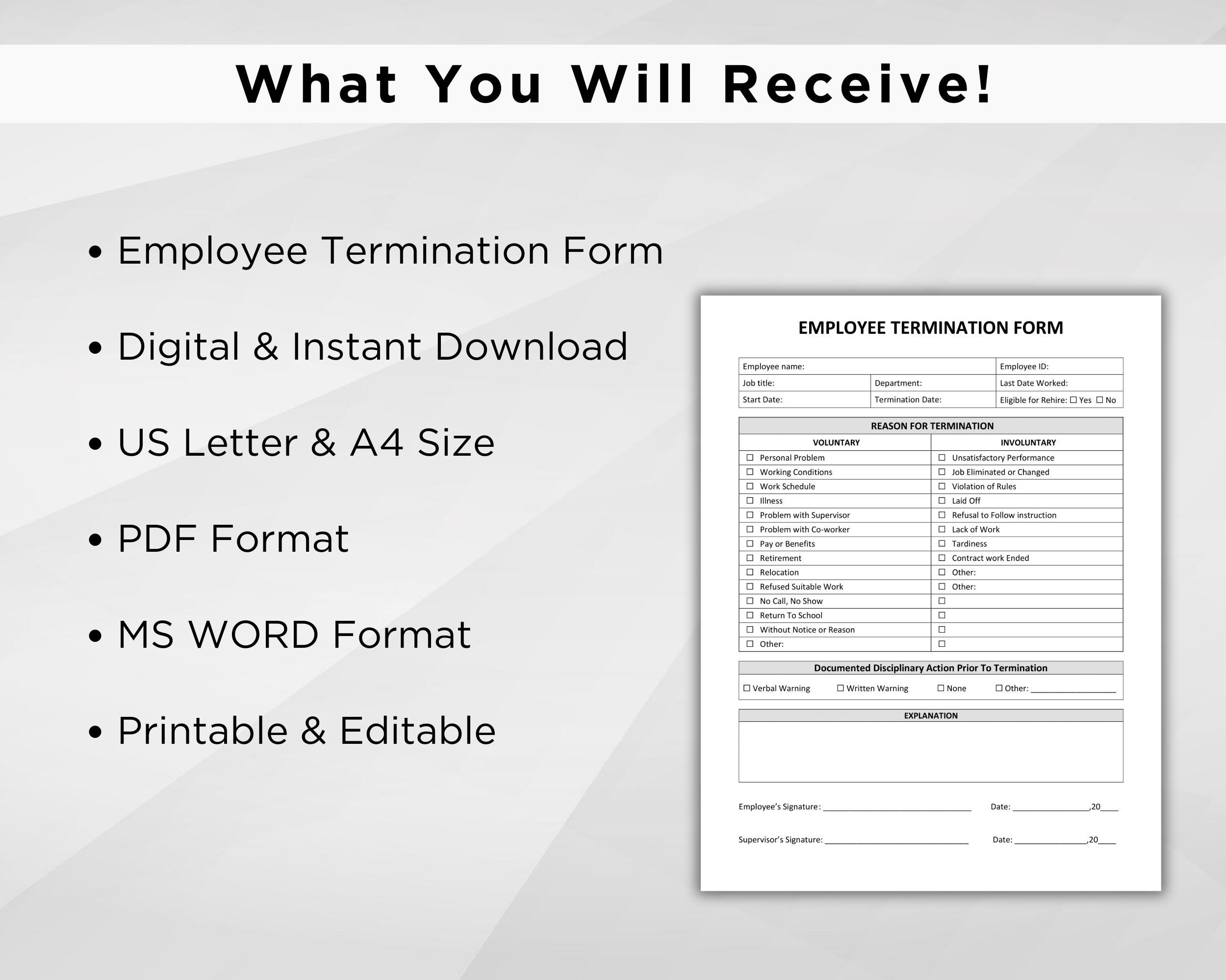 Employee Termination Form Editable | Printable HR Template | Printable ...