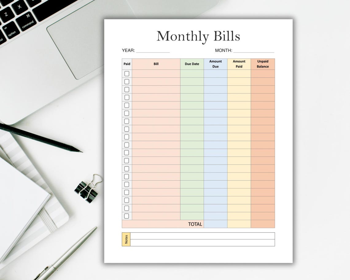 Editable Monthly Bill Log. Bill Payment Checklist Tracker. Printable ...