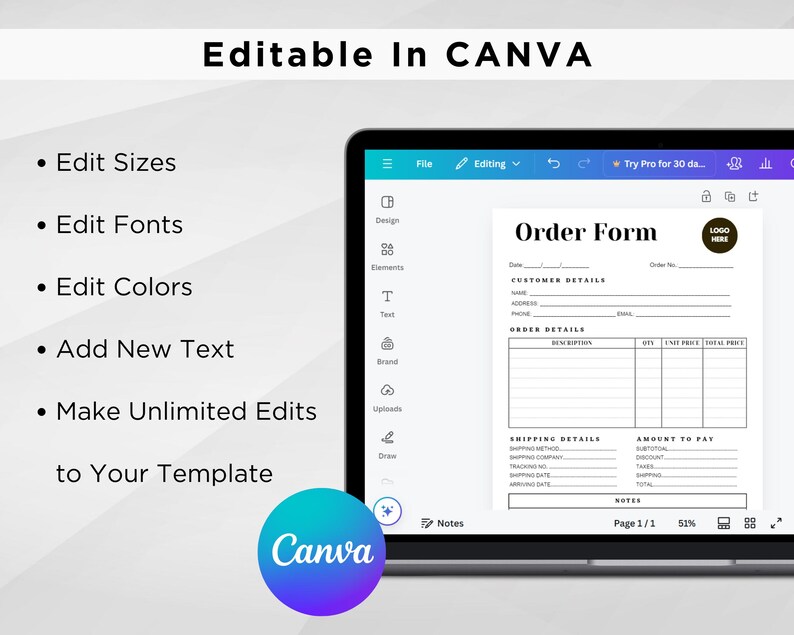 Editable Custom Order Form Template, Printable Order Sheet, Business ...