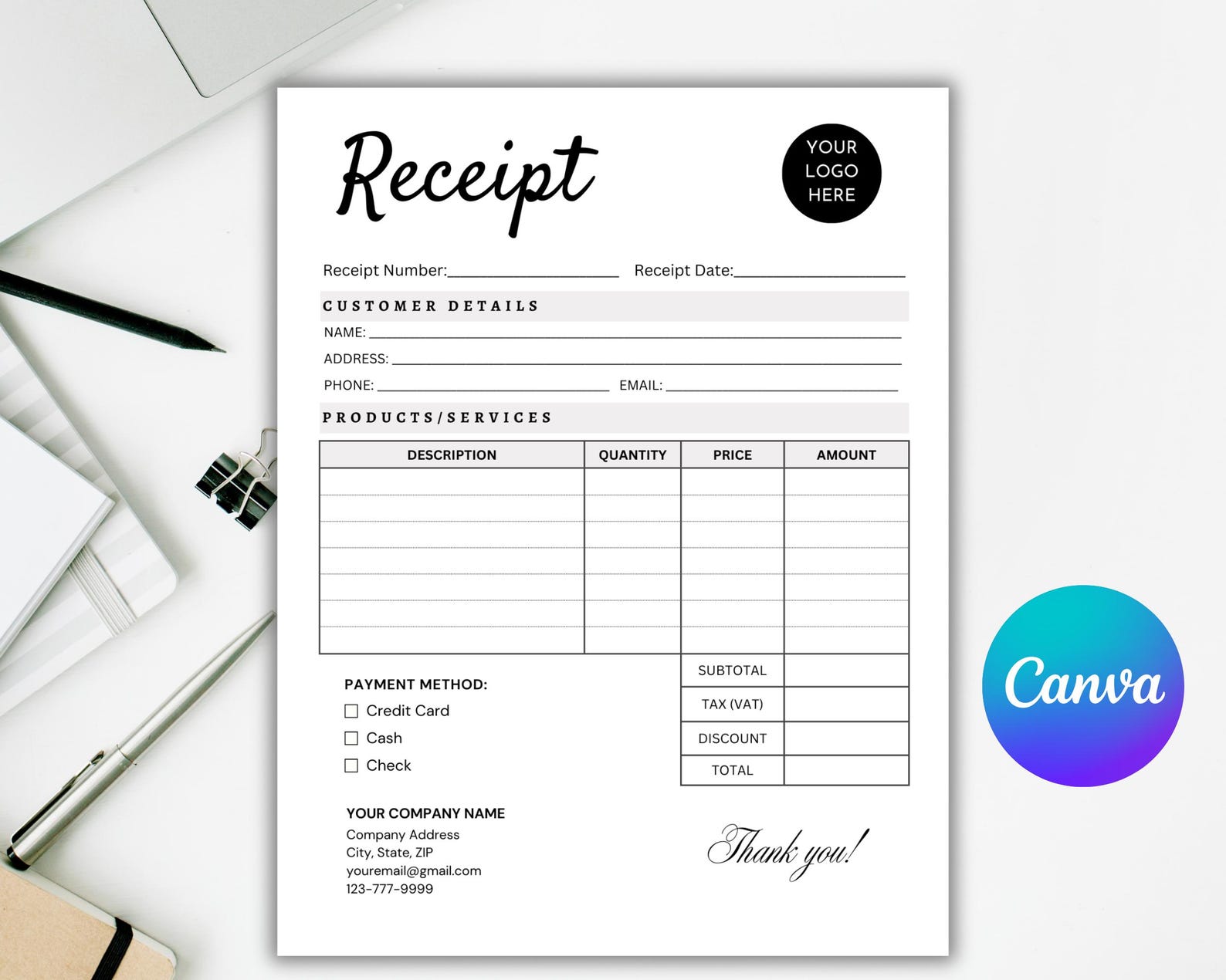 Editable Receipt Template. Small Business Digital Receipt. Receipt Form ...
