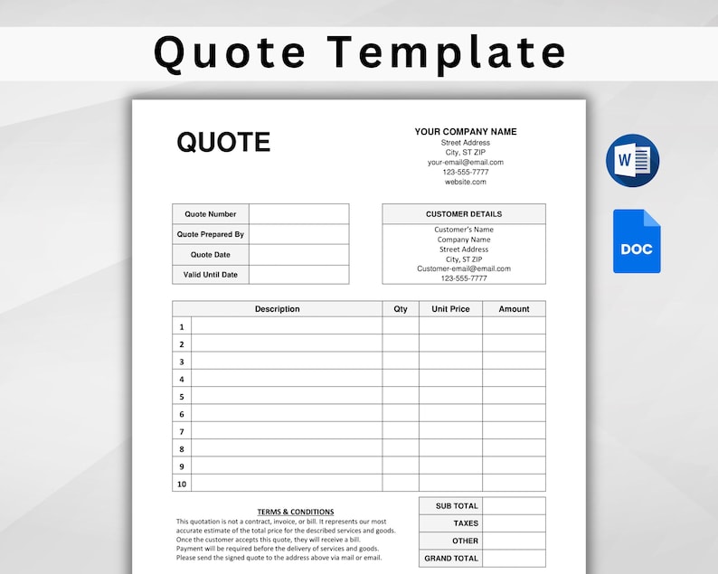 Quote Template. Quote Form. Job Proposal. Job Quote for Small Business ...
