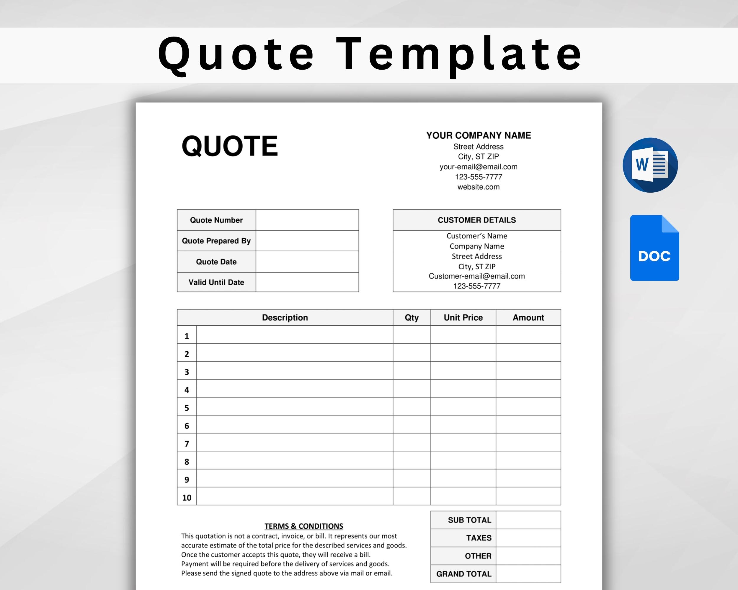 Quote Template. Quote Form. Job Proposal. Job Quote for Small Business ...