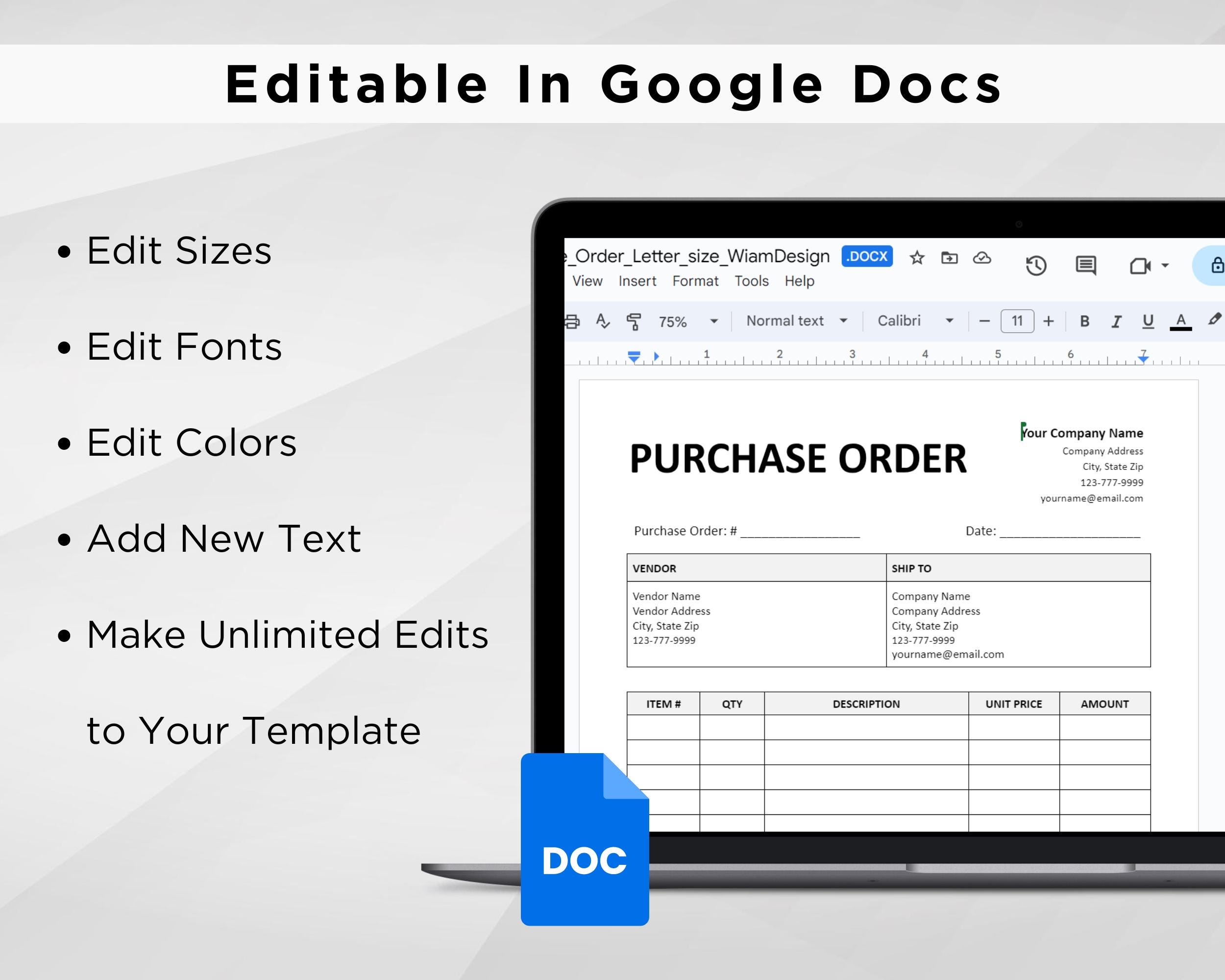 Editable Purchase Order Template | Printable PO Form for Small Business ...