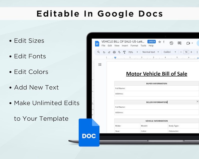 Editable Motor Vehicle Bill of Sale. Car Sale Form. Bill of Sale ...