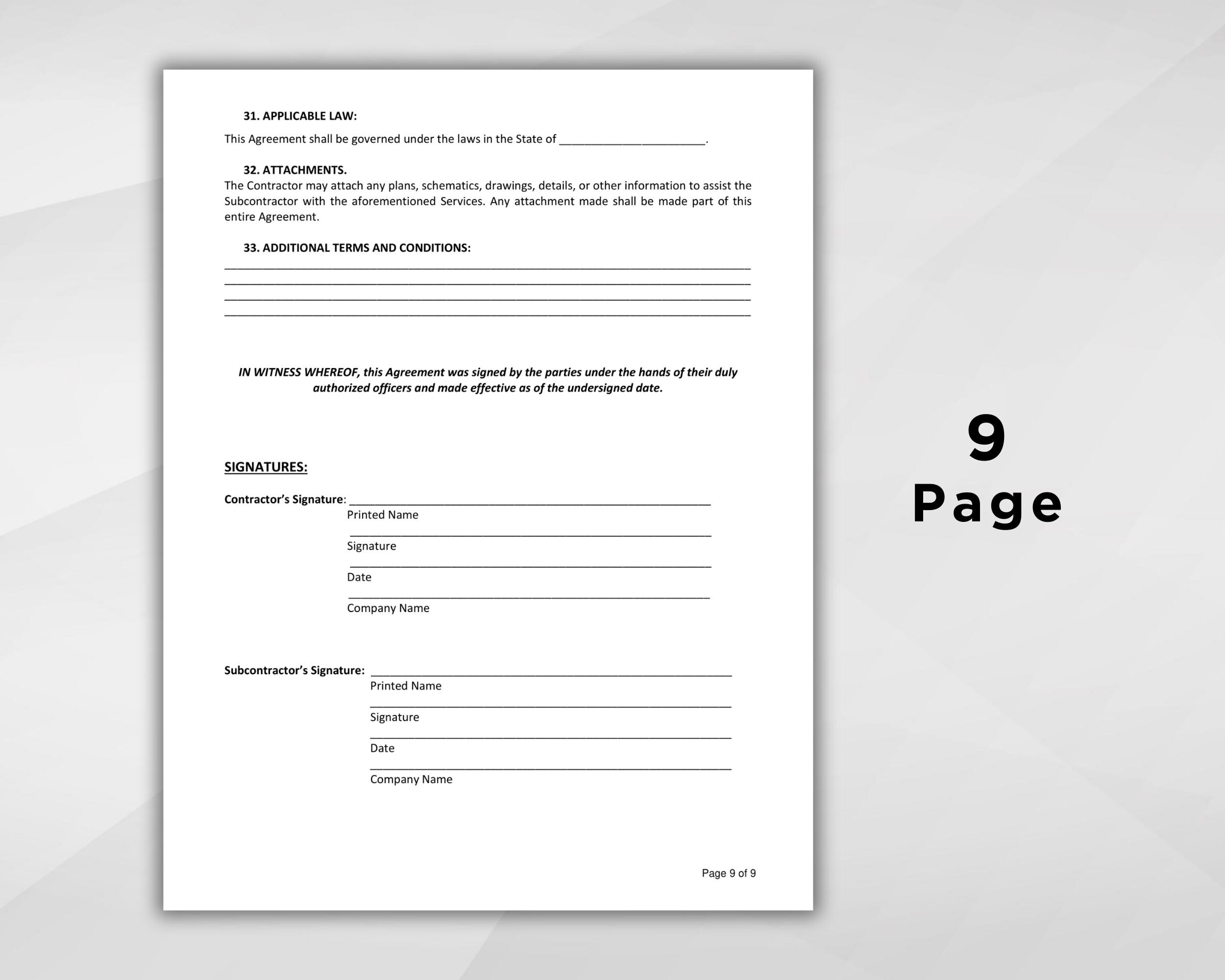 Subcontractor Agreement Template. Editable Subcontractor Contract Form ...