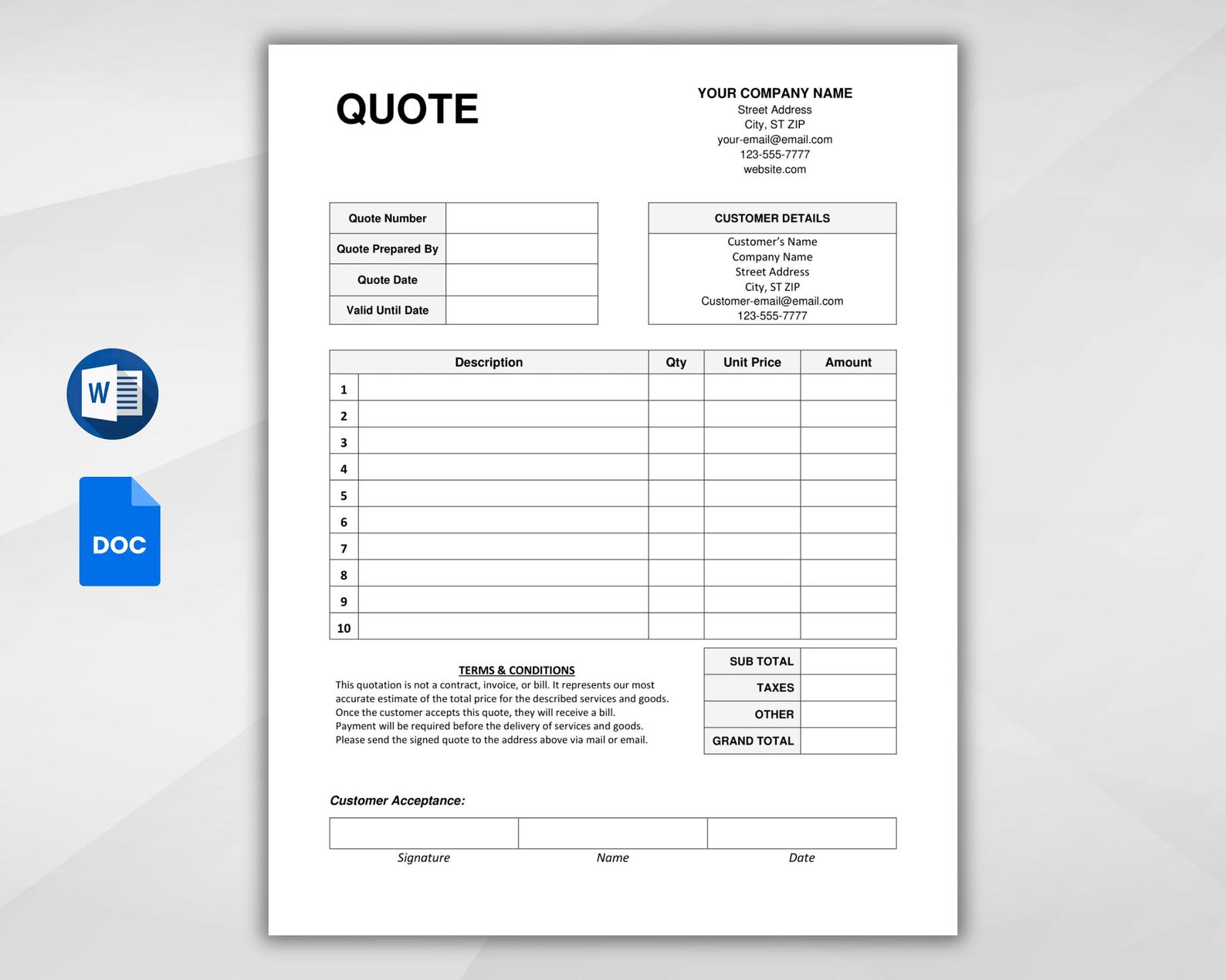 Quote Template. Quote Form. Job Proposal. Job Quote for Small Business ...