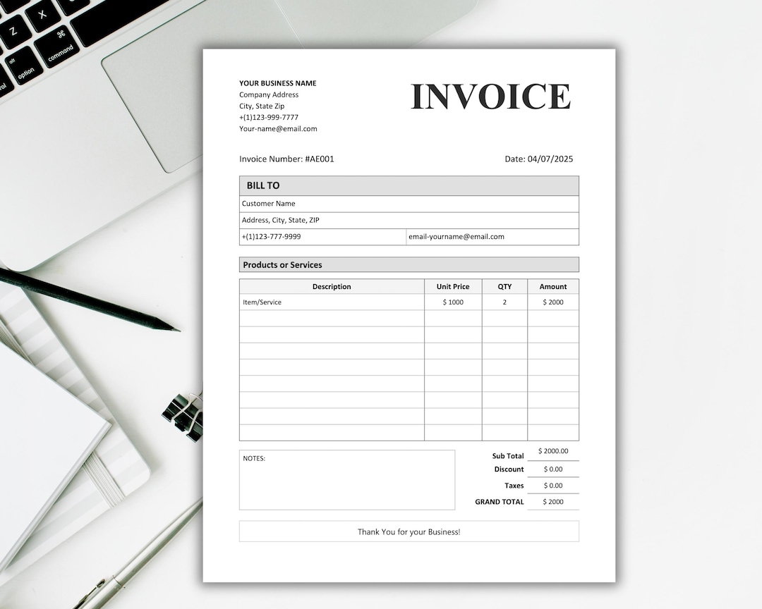 Invoice Template. Custom Invoice. Printable Invoice Form. Customizable ...